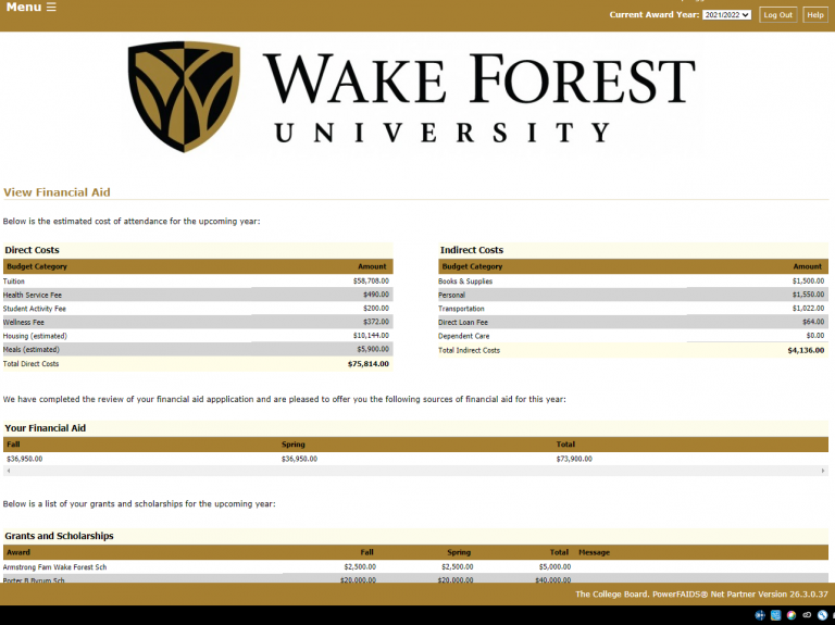 Financial Aid Portal | Student Financial Aid | Wake Forest University