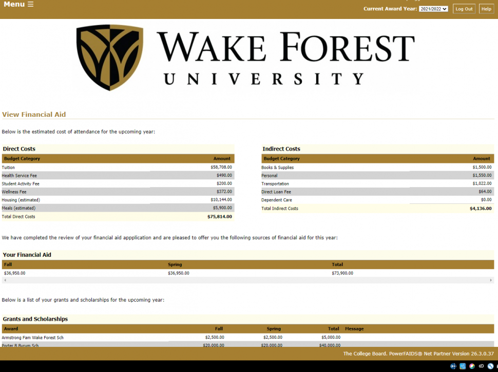 Financial Aid Portal | Student Financial Aid | Wake Forest University