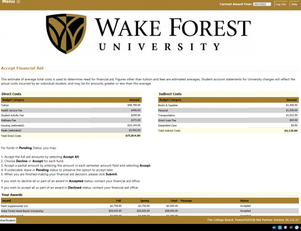 Financial Aid Portal | Student Financial Aid | Wake Forest University