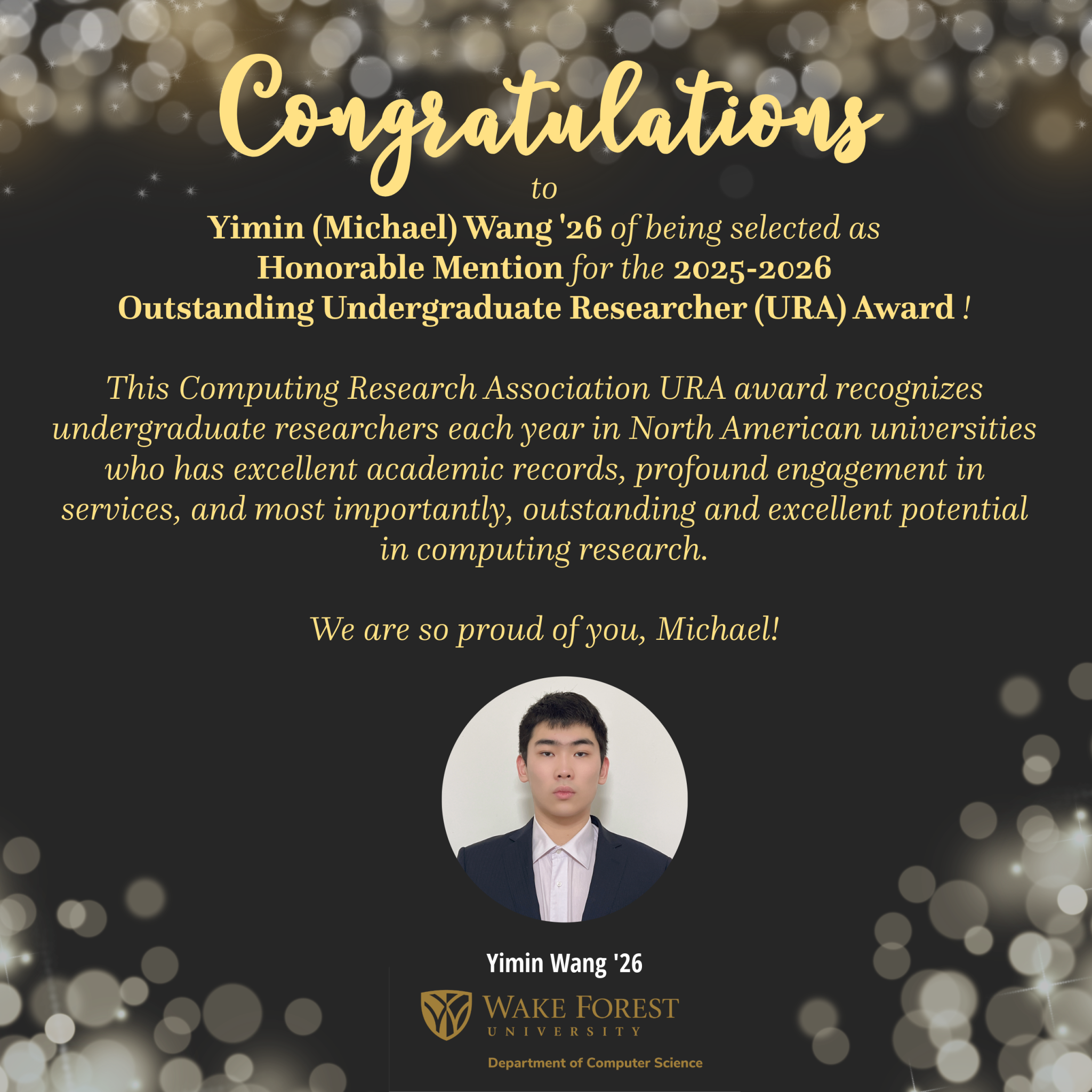 Yimin Wang '26 Earns Honorable Mention for CRA Outstanding ...